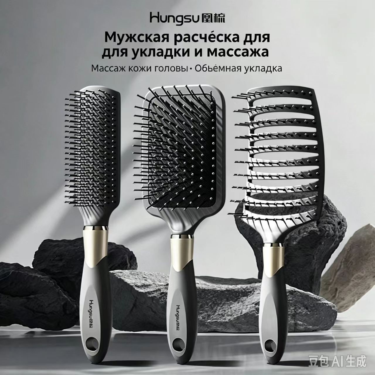 Мужской набор расчесок Hungsu, 3 шт, для укладки и массажа кожи головы