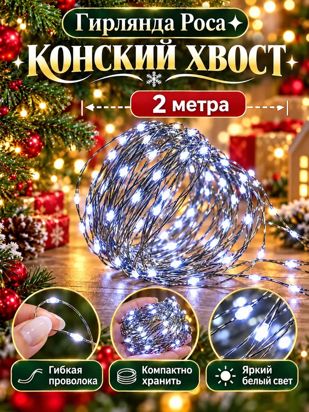 Электрогирлянда интерьерная Конский хвост светодиодная 20 ламп, 2 м, питание от сети 220в, 1 шт