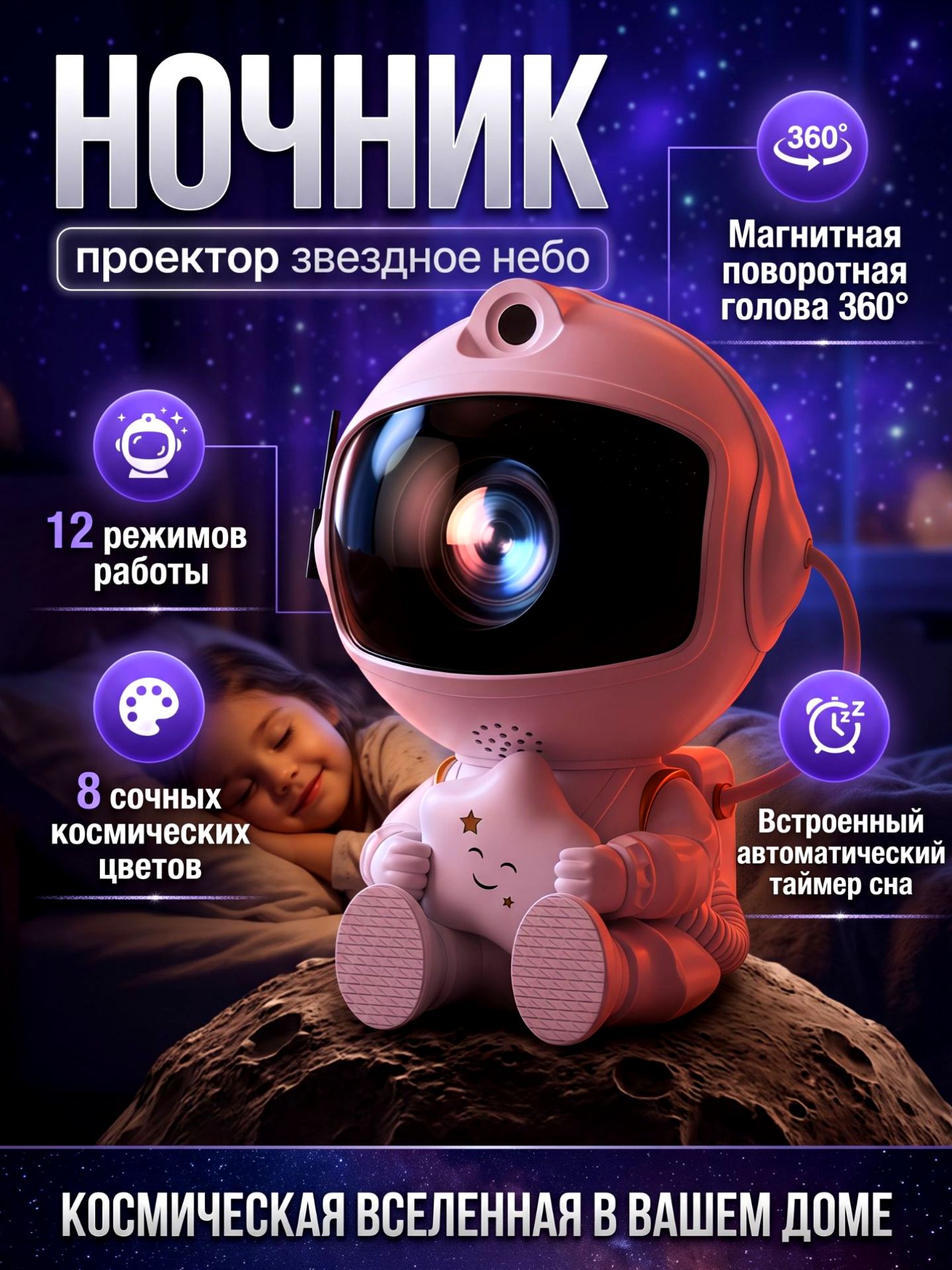 Детский ночник-проектор звездного неба "Космонавт" / Проектор звездного неба, ночник космонавт робот / Светильник детский