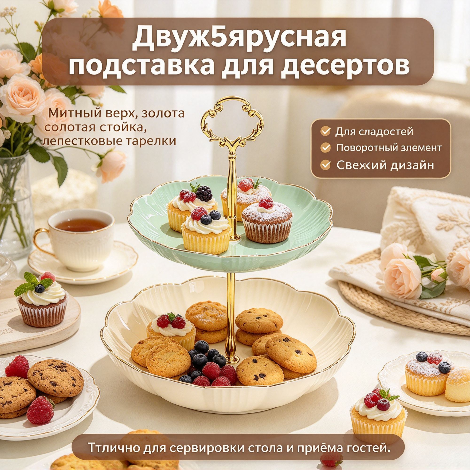 Подставка для десертов в форме лепестка с золотой отделкой, вращающимся основанием и отделениями для хранения конфет.