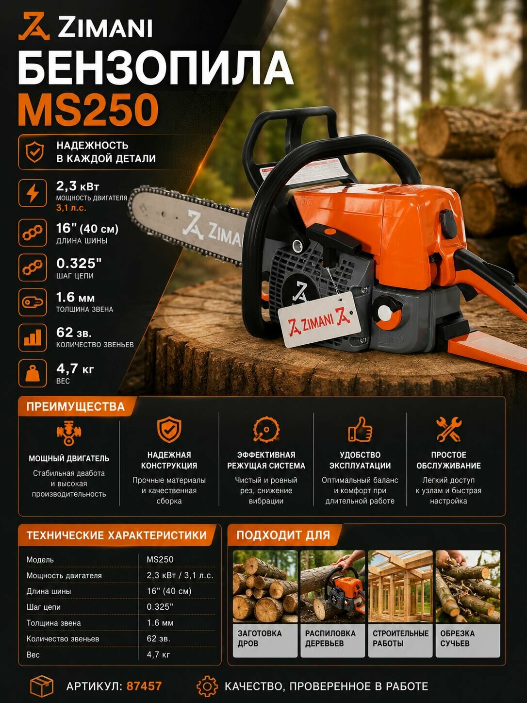 Бензопила Zimani MS250 - Артикул 87457
