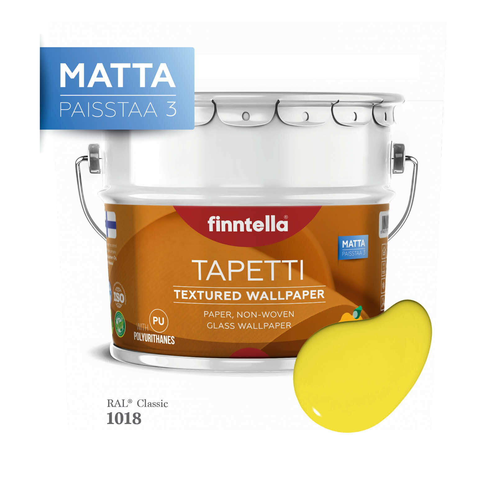 Матовая краска для обоев под окраску TAPETTI Matta FINNTELLA, Цвет RAL 1018 Цинково-желтый (Zinc yellow), 9л