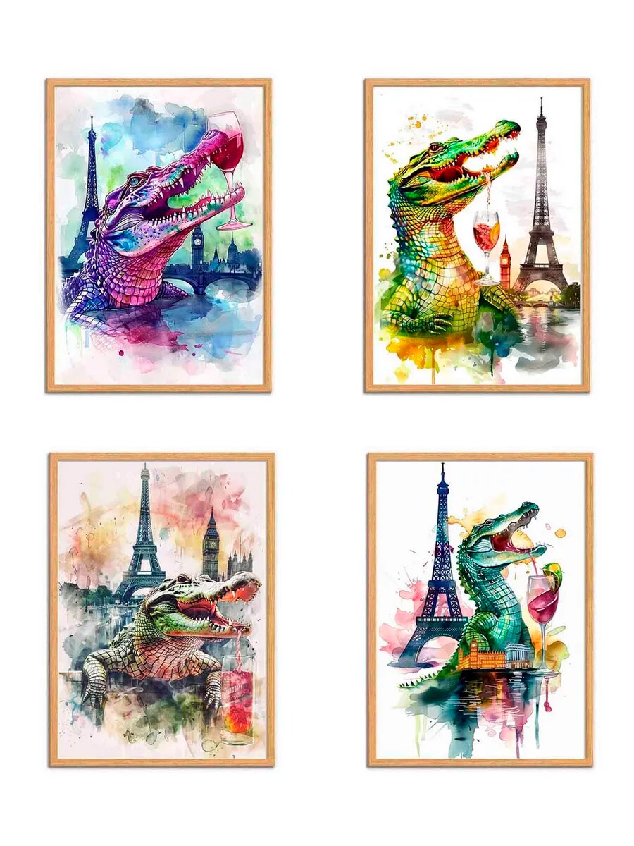 Животное крокодил Пьет Вино, 4 Плаката, 30x21см