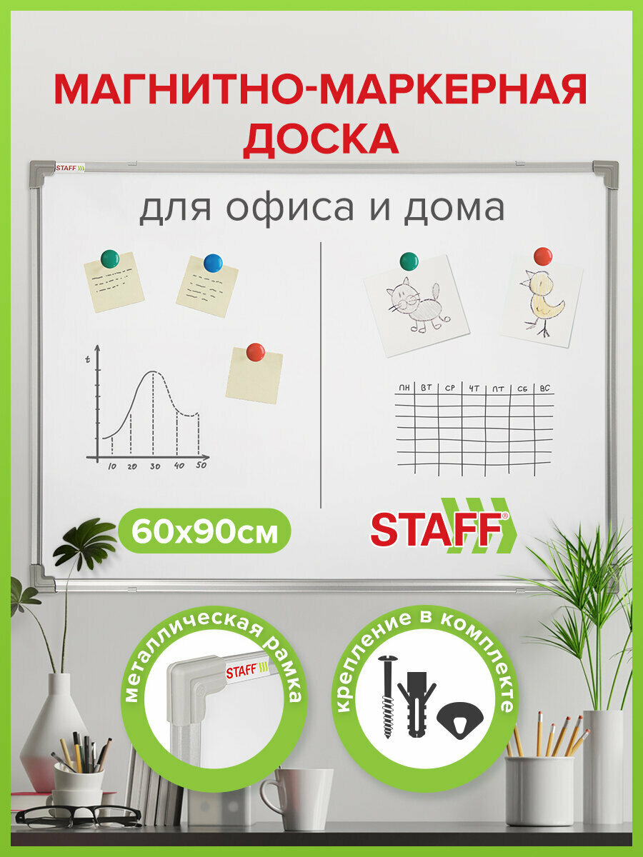 Доска демонстрационная магнитно-маркерная на стену для офиса и дома 60х90 см, металлическая рамка, Staff Eco, 238137