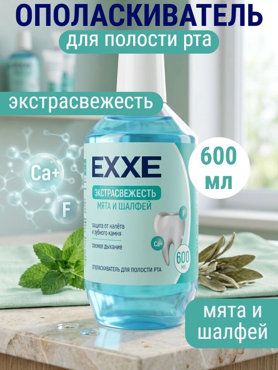 EXXE Ополаскиватель для полости рта Экстрасвежесть, мята и шалфей, 600 мл