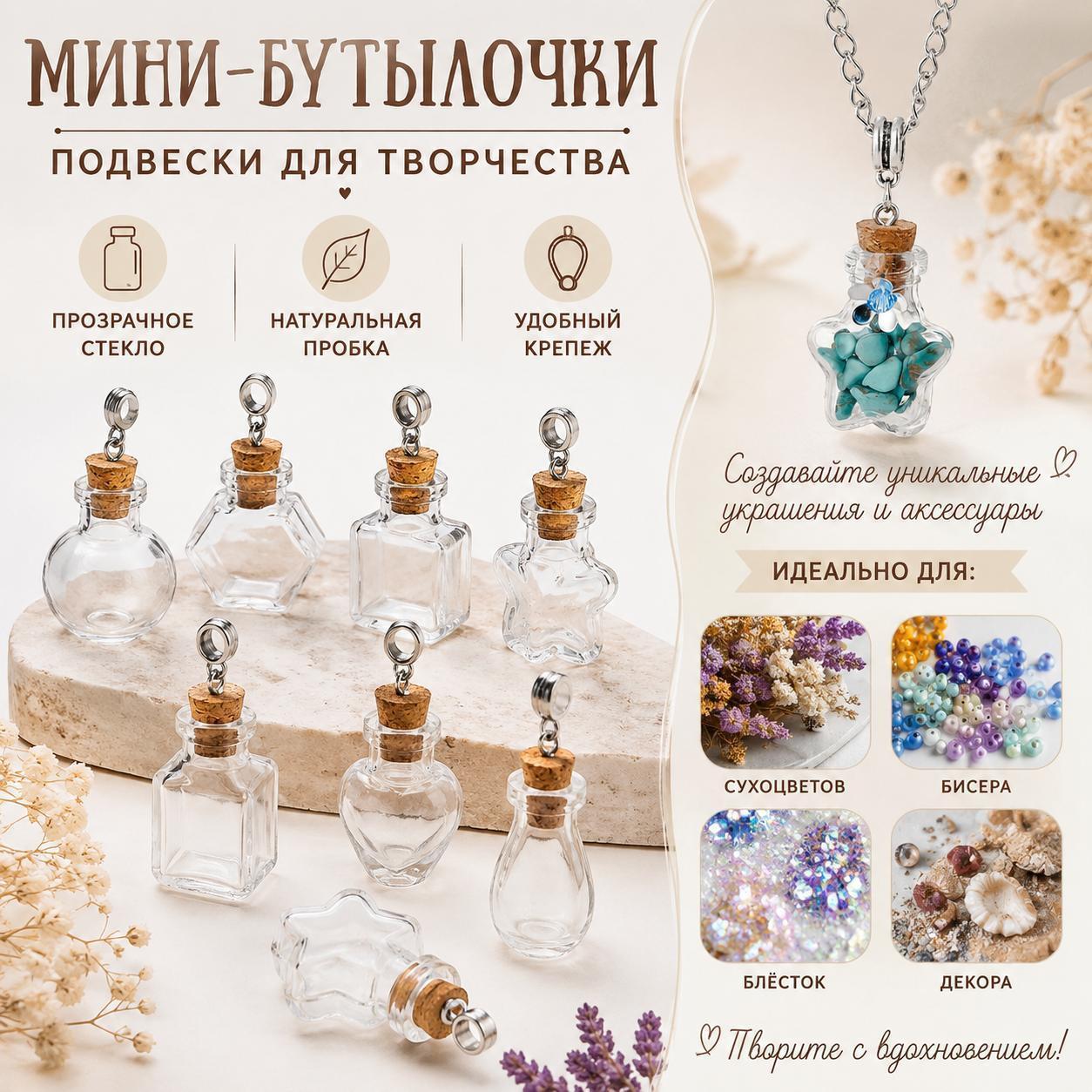 Набор 18 шт. стеклянных мини-бутылочек-подвесок с пробками, подвески для изготовления украшений, кулоны для хранения сухоцветов, бусин, блесток и декоративных наполнителей