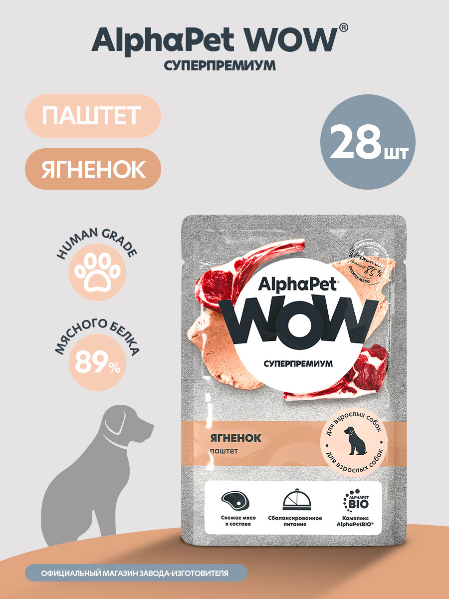 Влажный корм AlphaPet WOW, для взрослых собак, ягненок, 28 пауч 85г