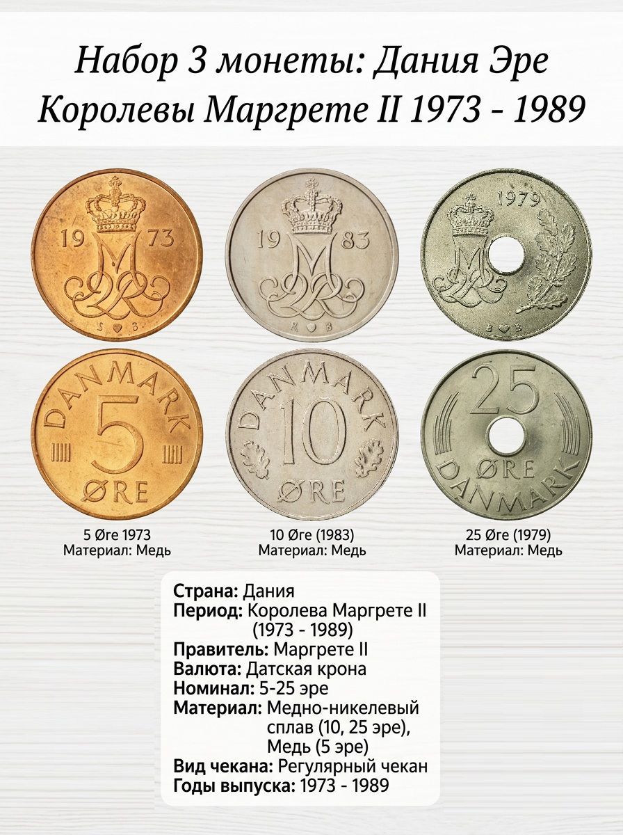Дания 1973-2024 3 монеты Эре Королевы Маргрете II XF