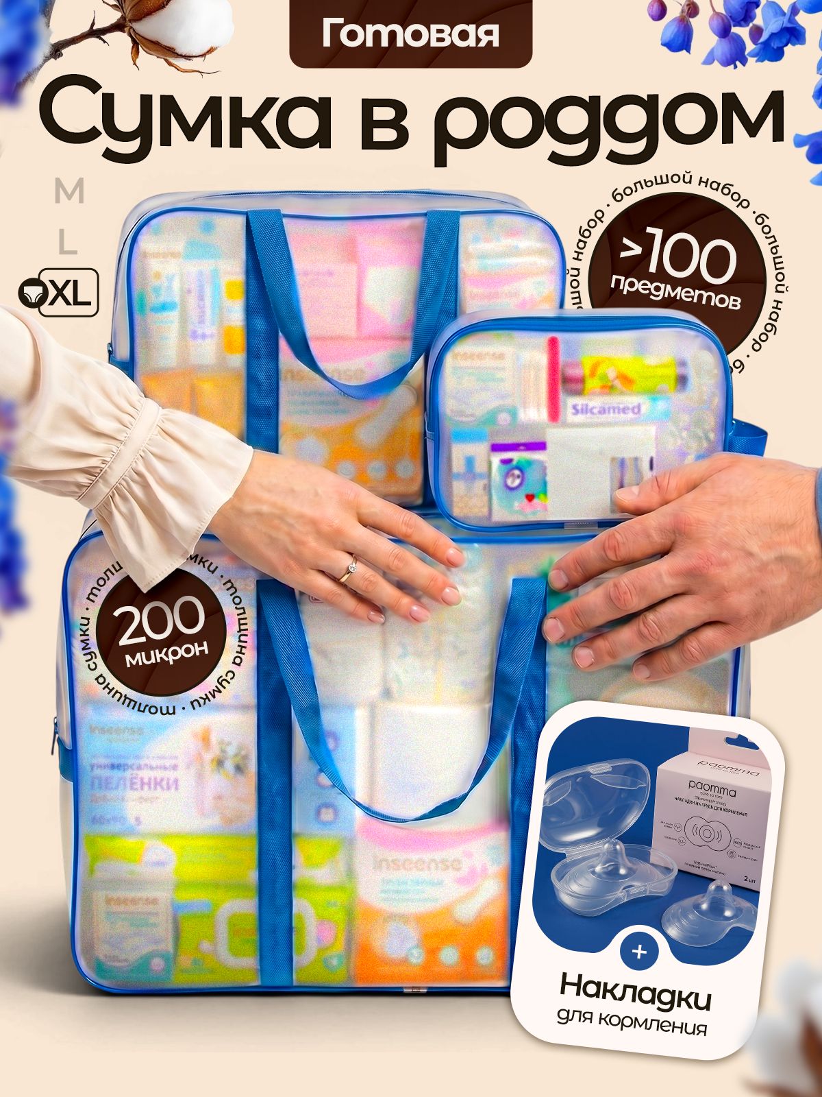 Сумка готовая в роддом для мамы и малыша синяя XL