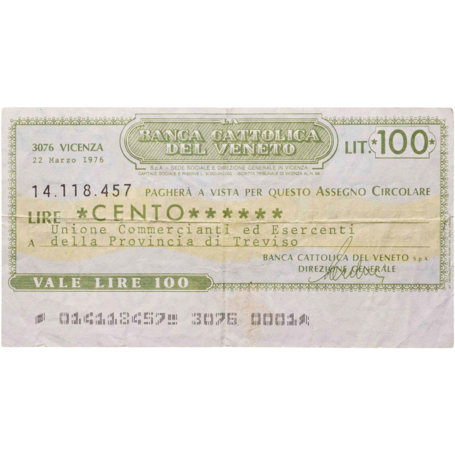 Италия банковский чек 100 лир 1976