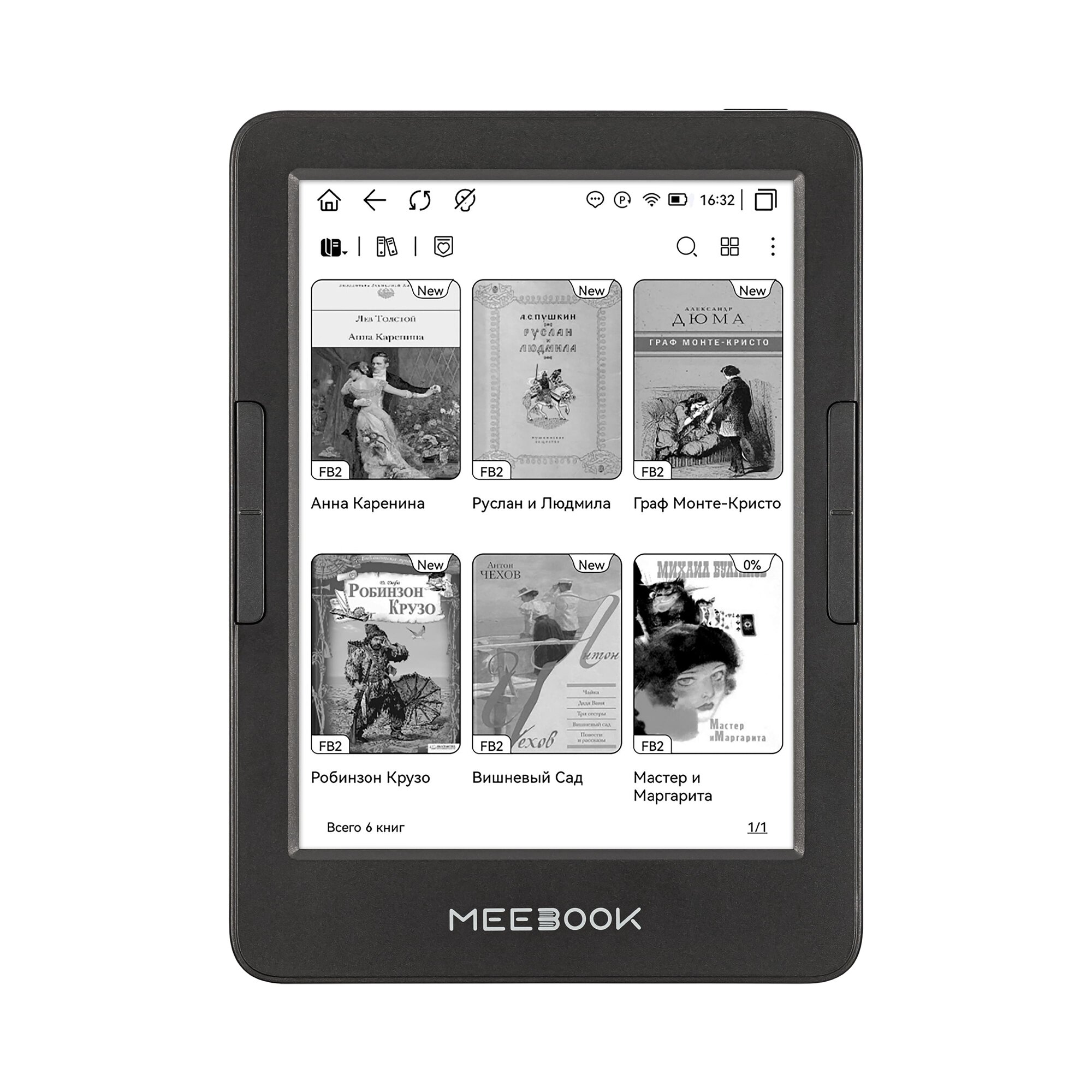 MEEBOOK E6 (чёрный) - электронная книга 6 дюймов с подсветкой, поддержкой Литрес и Букмейт (разрешение 300 PPI, ОС Андроид, Wi-Fi, интернет)