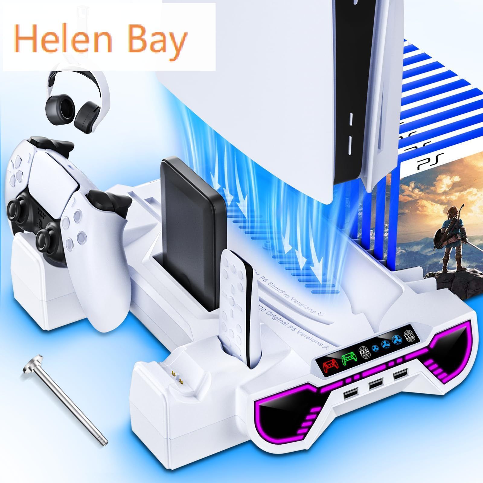Станция охлаждения и зарядки контроллера PS5/Slim/Pro со светодиодной подставкой для консоли PlayStation 5 - Зарядное устройство для контроллера PS5_белое