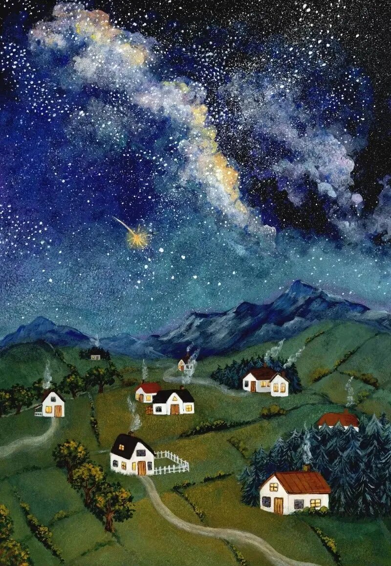 Холст "Звездная ночь над фермой", 20x30см, бежевый