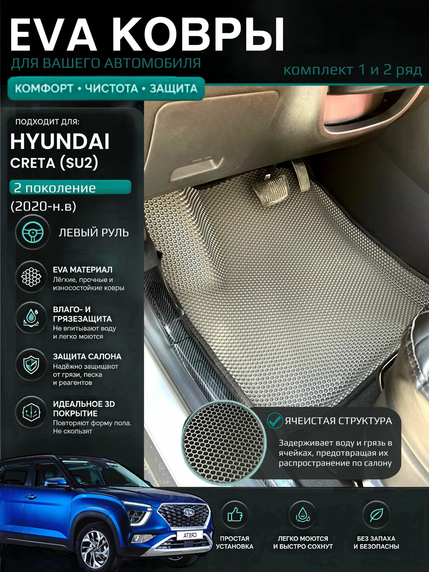 Eva ковры с бортами Hyundai Creta 2 (SU2) (2020-н. в) Левый руль / Хендай Крета 2 поколения 3D Эва Ева