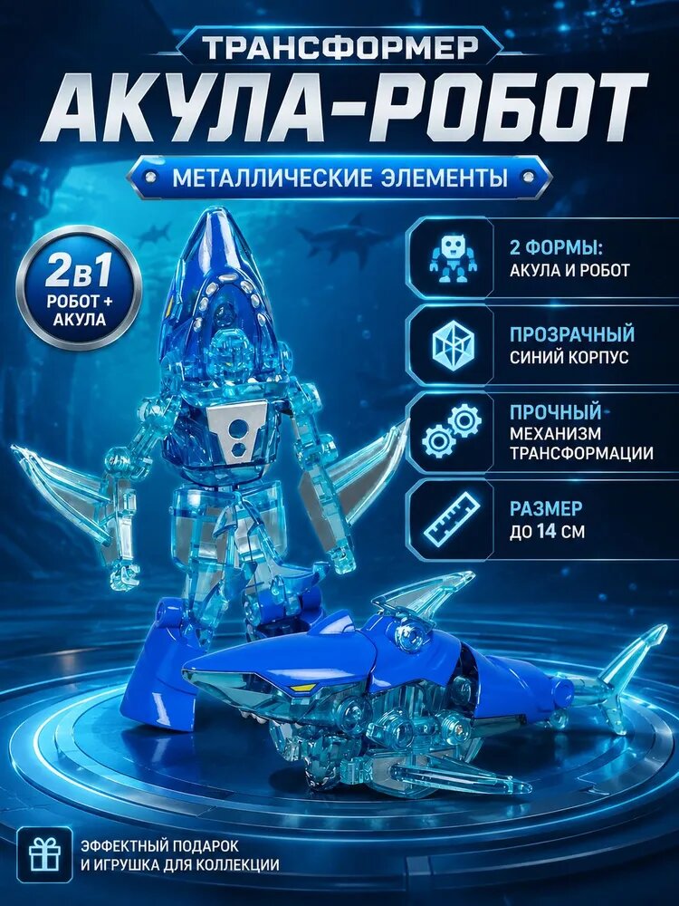 Трансформер Акула-робот 2 в 1, игрушка с металлическими элементами, прозрачный синий корпус, подарок для детей