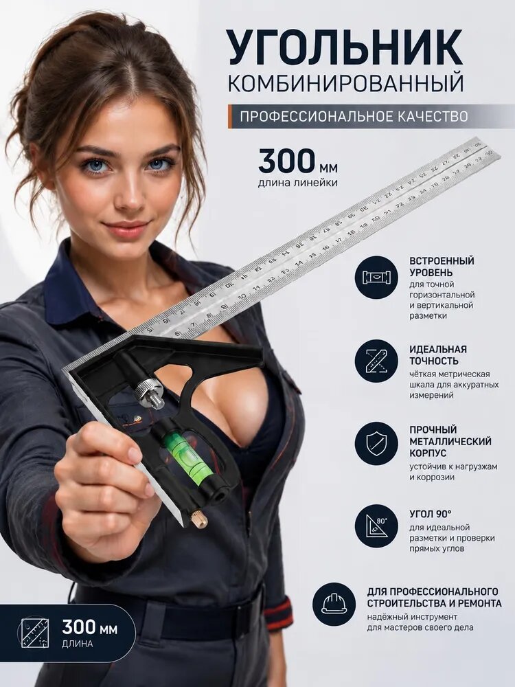 Угольник/линейка с уровнем 300мм, FOLISO разметочный