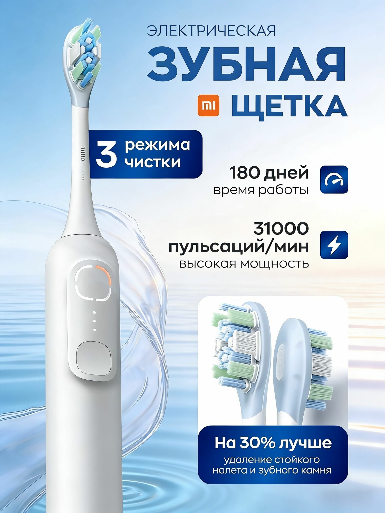Звуковая электрическая зубная щетка Xiaomi Mijia MES609, технология осцилляции, 3 режима, IPX8, автономность до 180 дней