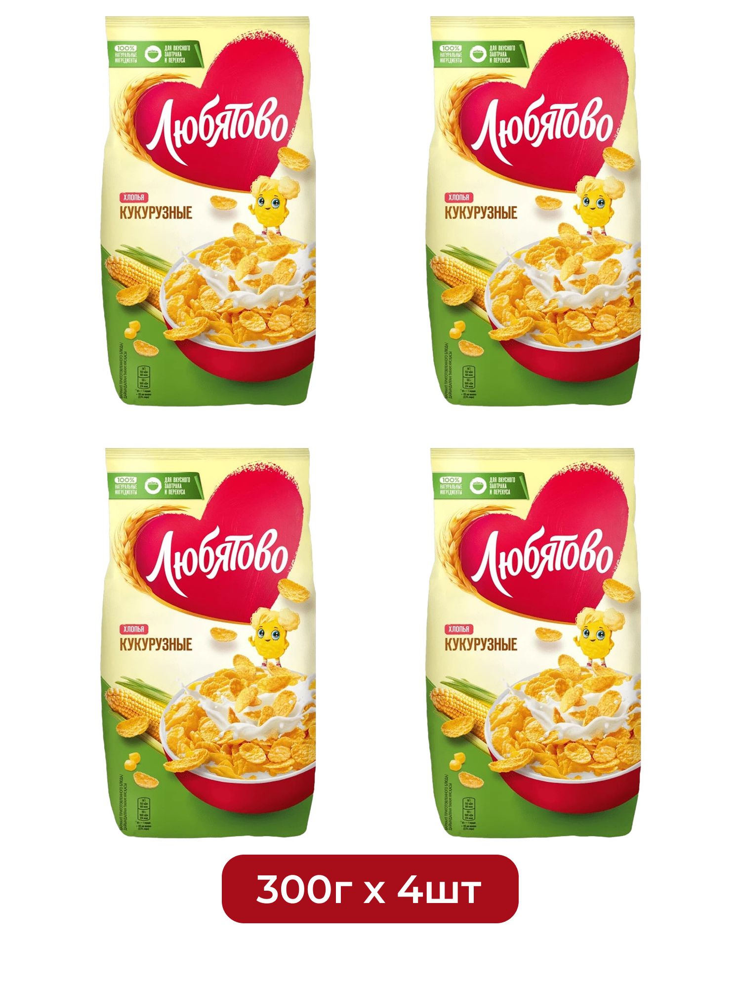 Готовый завтрак Любятово Хлопья кукурузные, 300г х 4 шт.