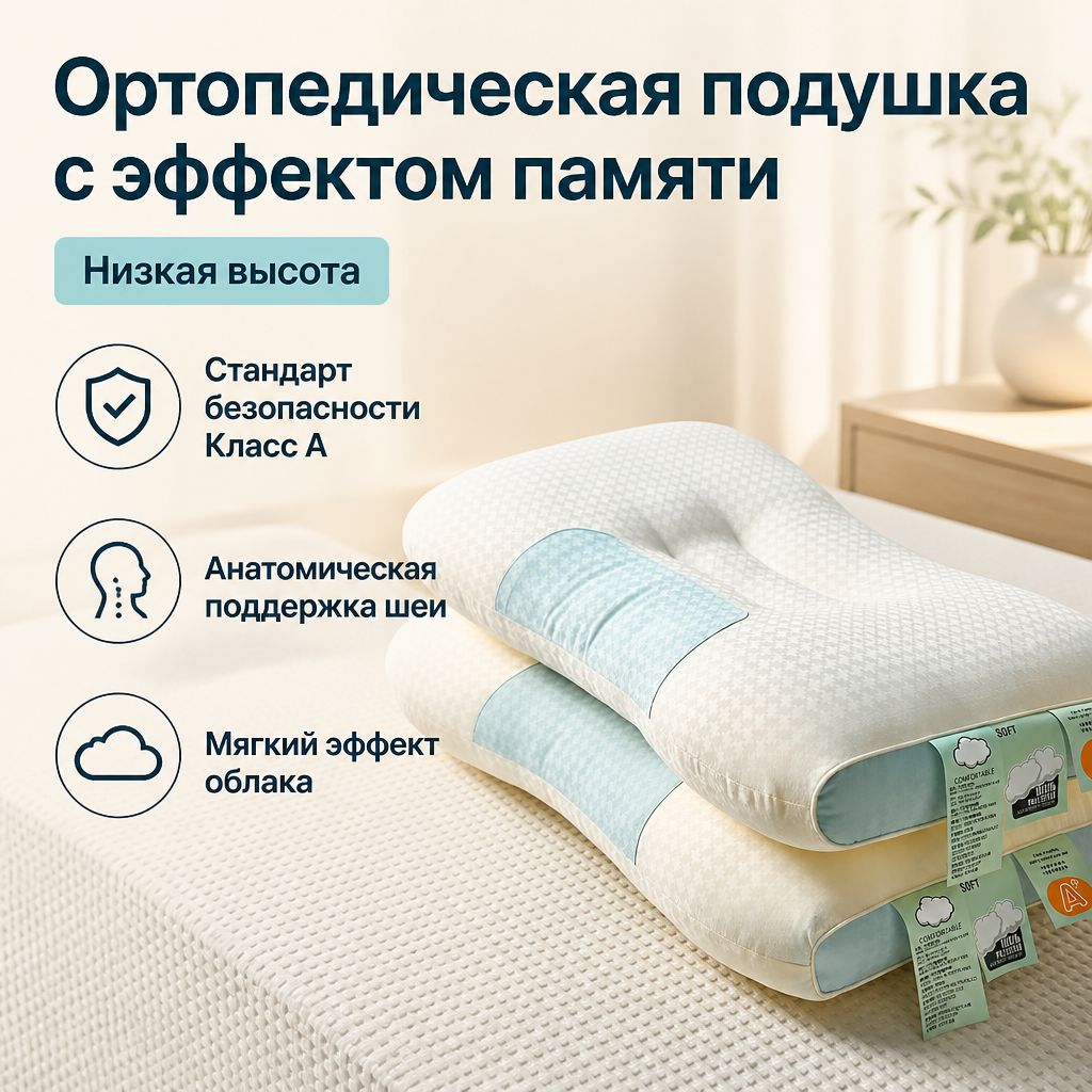 Подушка ортопедическая облако с эффектом памяти, низкая, для сна и поддержки шеи, 1 шт, полиэстер