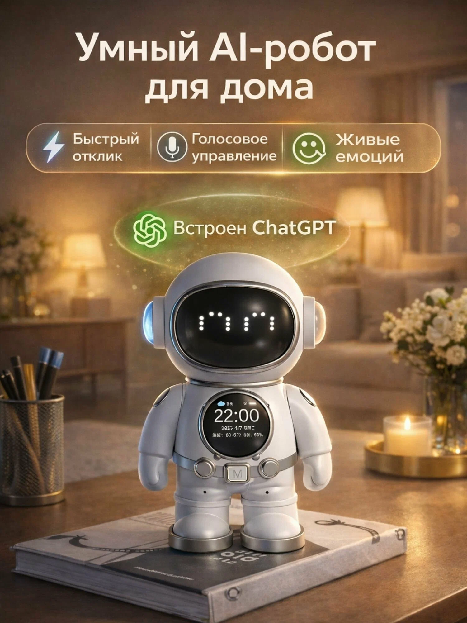 Интерактивный AI-робот помощник с голосовым управлением, будильником и Bluetooth/Wi-Fi