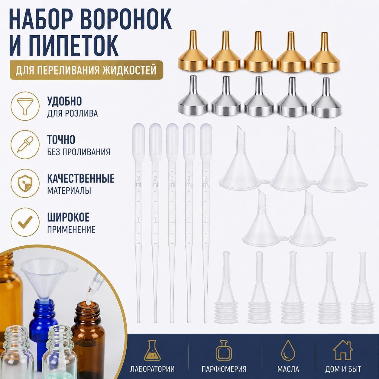 Набор из 25 шт. мини-воронок, пипеток, силиконовых насадок и алюминиевых воронок для переливания жидкостей, масел, духов и лабораторных работ