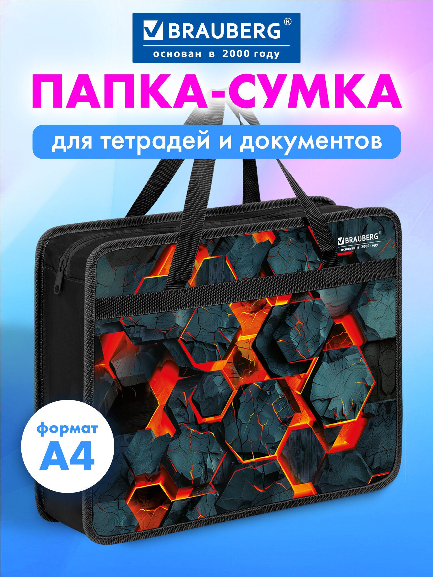 Папка сумка для тетрадей, труда, рисования и изо А4 для мальчика на молнии с ручками, канцелярия для школы, 1 отделение 80 мм пластик, Brauberg