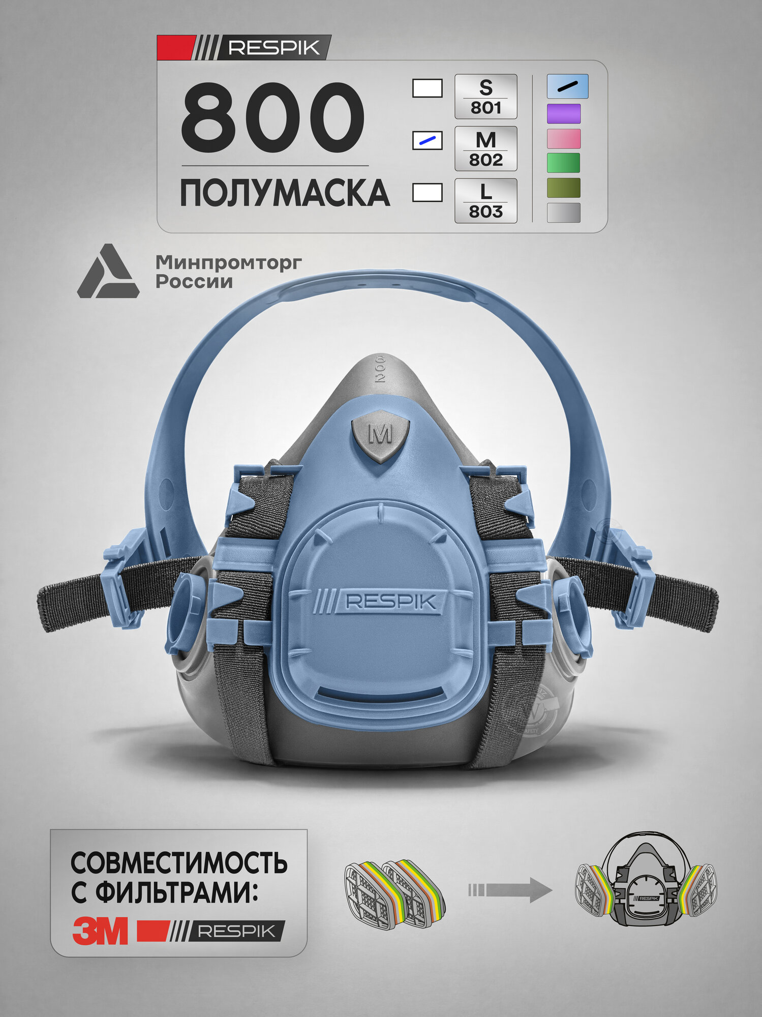 Полумаска RESPIK 802 ( 7502 ) от химии , для покраски, от пыли для фильтров RESPIK / цвет: голубой / размер M