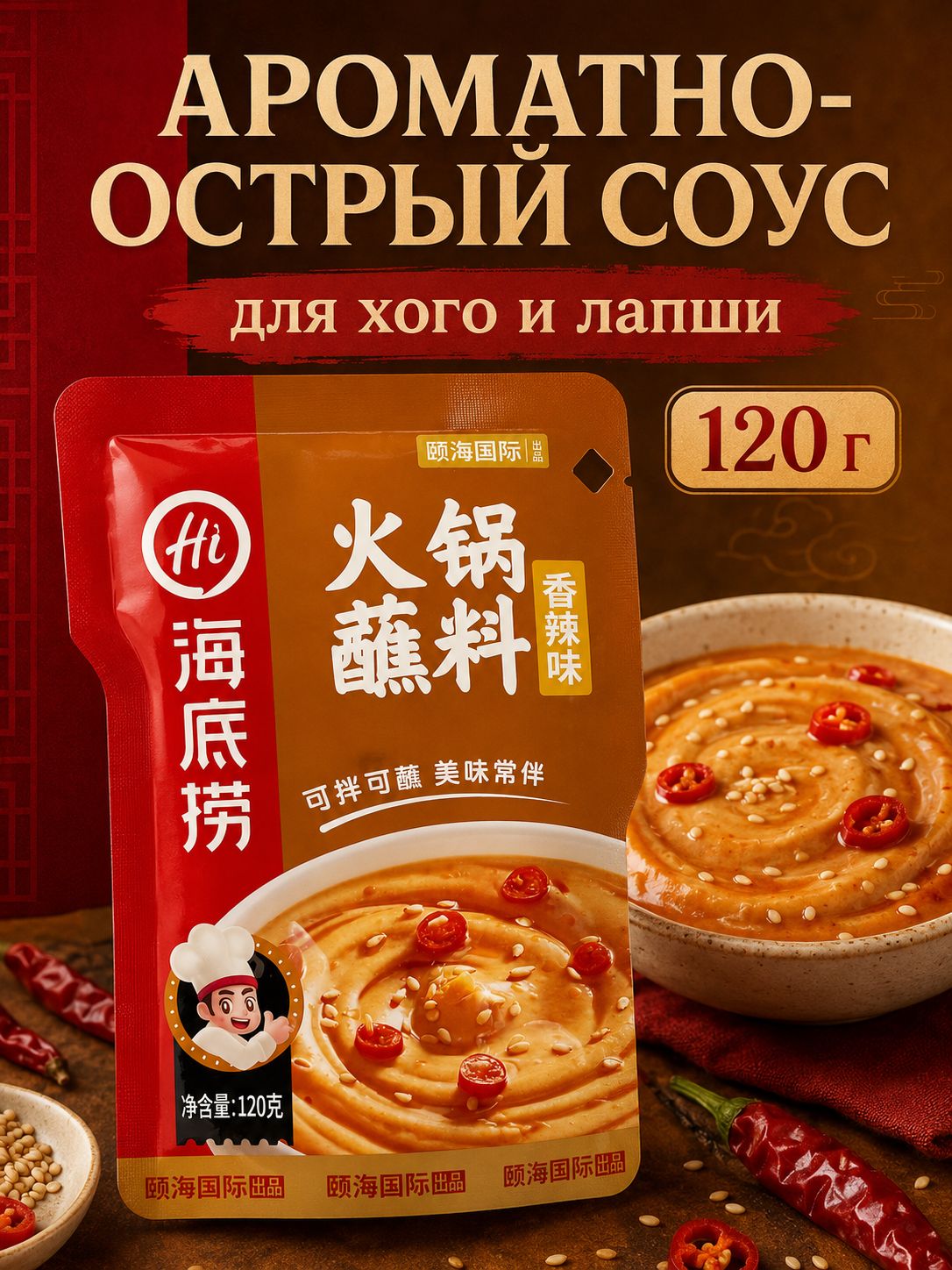 Haidilao Соус китайский ароматно-острый для хого и лапши, 120 г / коричневый