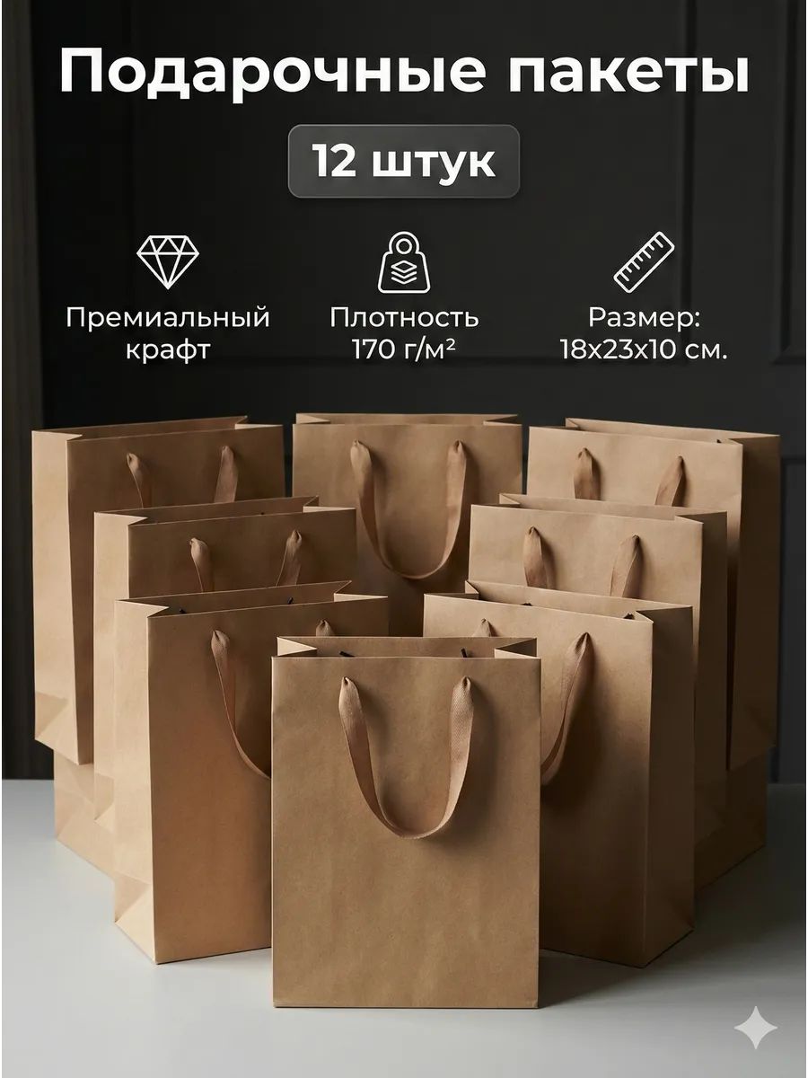 Крафт пакеты подарочные набор 12 шт. 18х23х10 см. Плотные