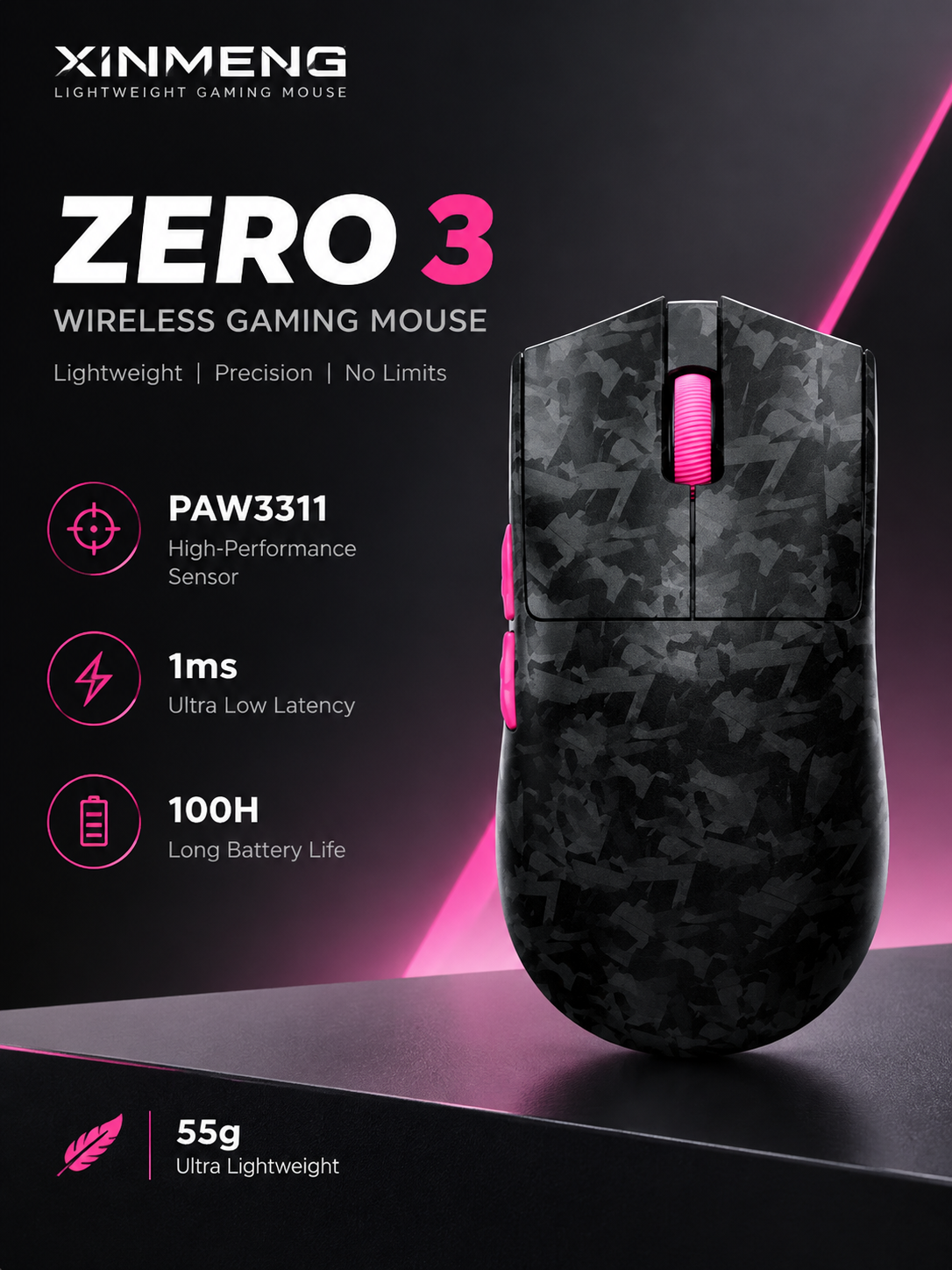Мышь игровая XINGMENG ZERO3, сверхлегкая карбоновая корпус, сенсор PAW3311, для компьютера и ноутбука, офис и киберспорт