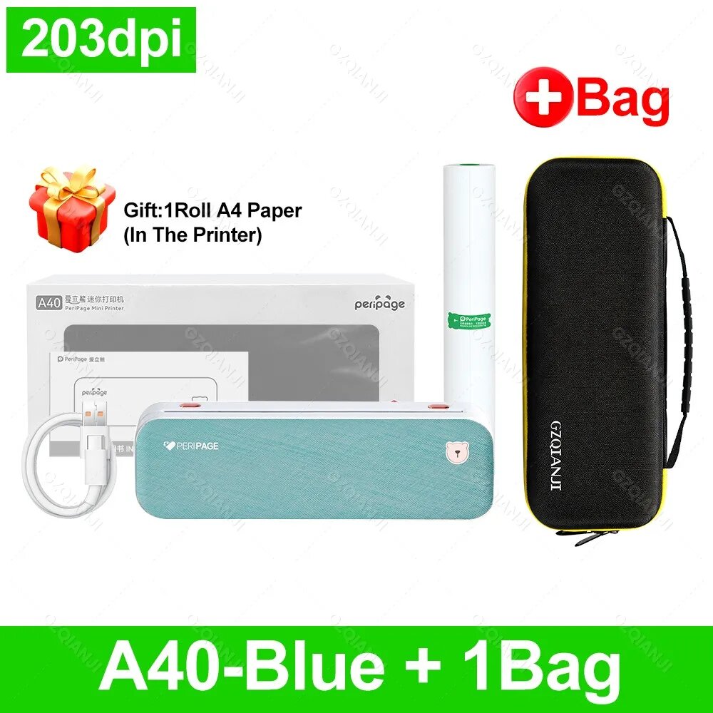 Портативный принтер PeriPage A40 Blue 203dpi + Bag