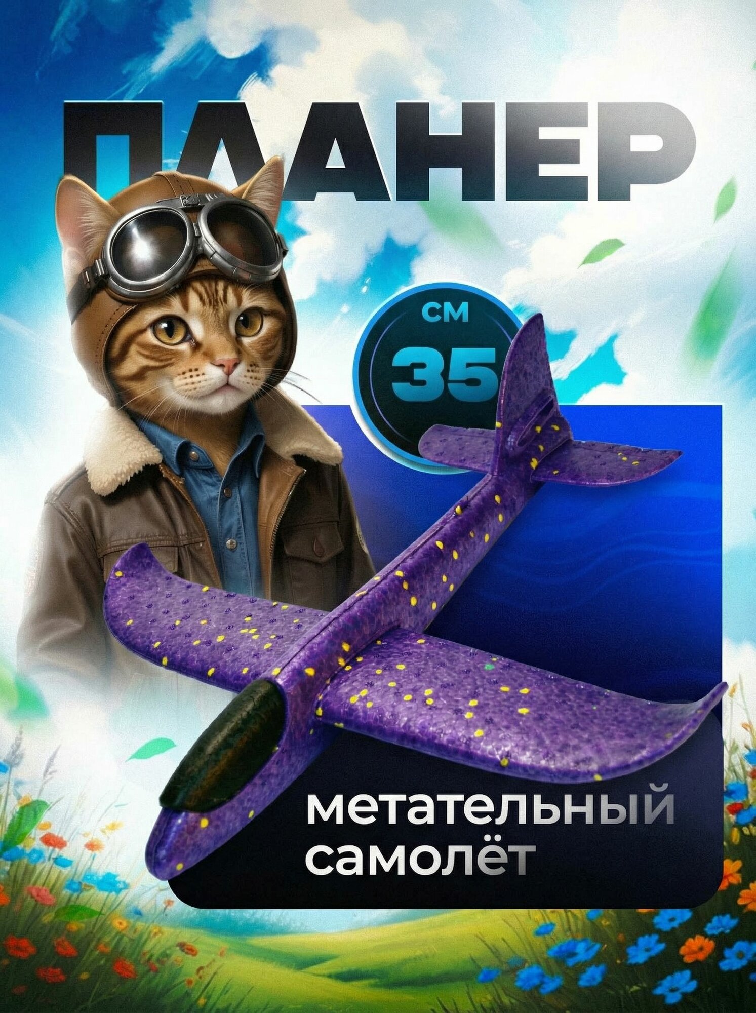 Самолет планирующий метательный, фиолетовый, пенопластовый, 35см