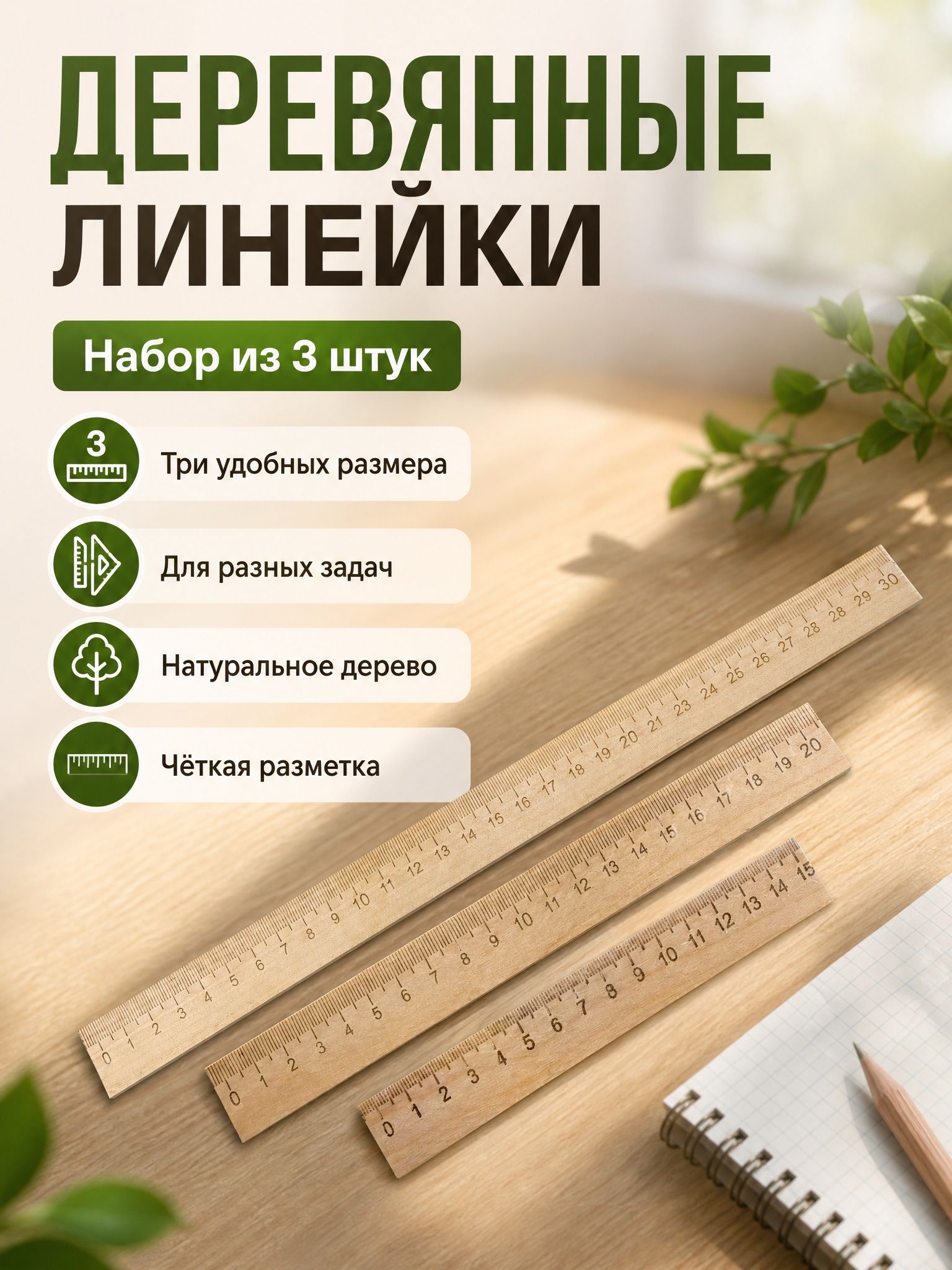 Набор деревянных линеек из 3-х штук