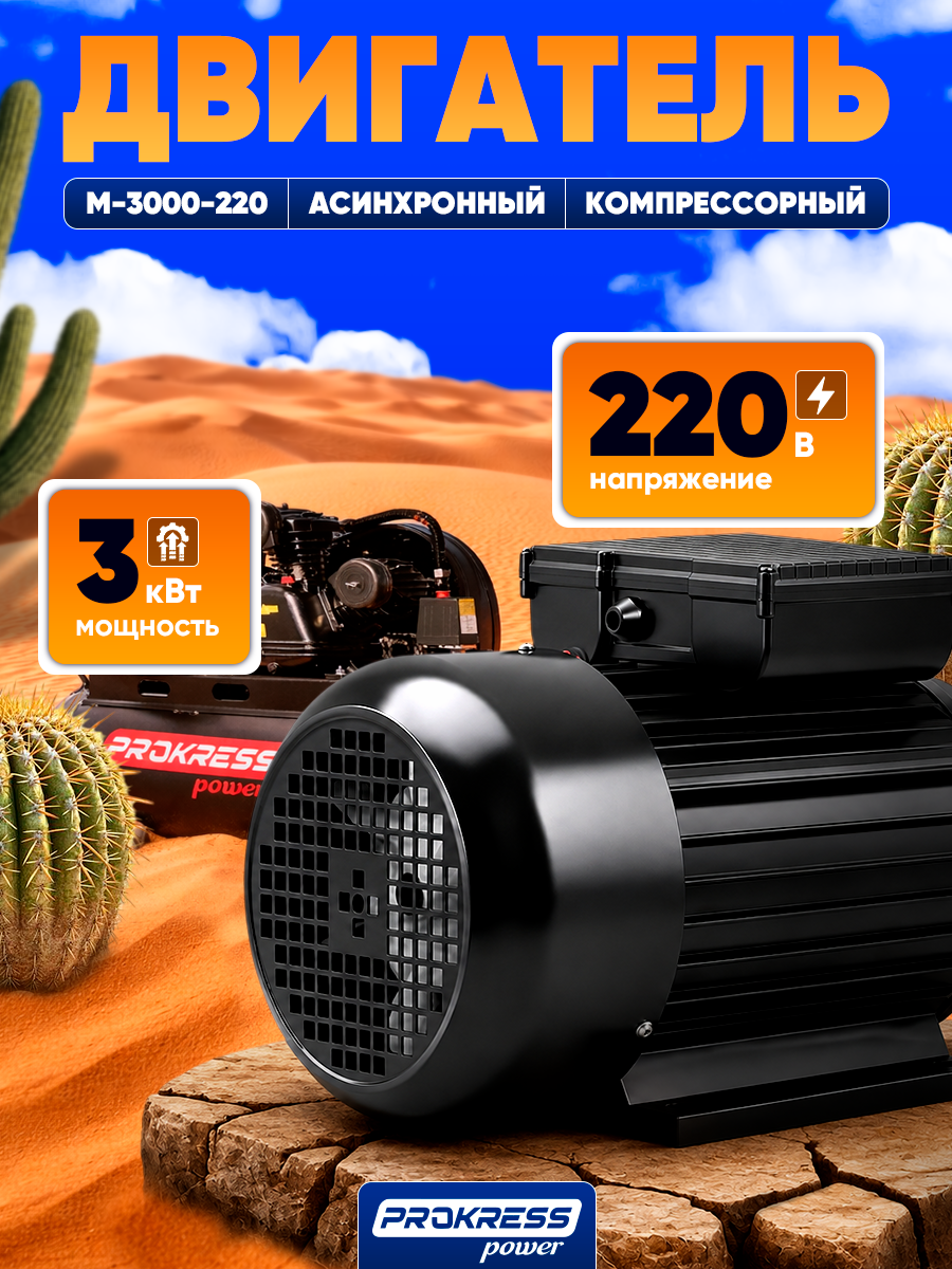 Электродвигатель для компрессора 3 кВт PROKRESS POWER M-3000-220, 220 В, однофазный