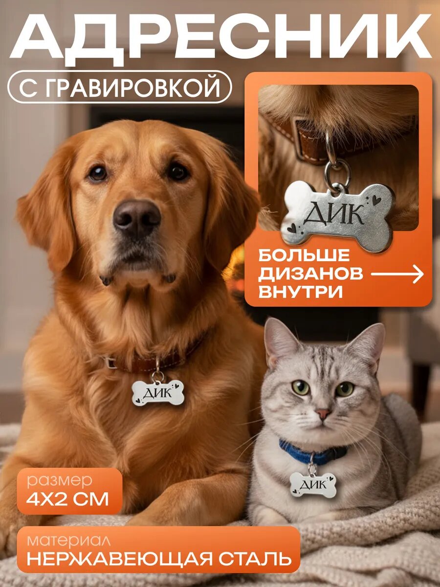 Адресник с гравировкой для котика клички Дик