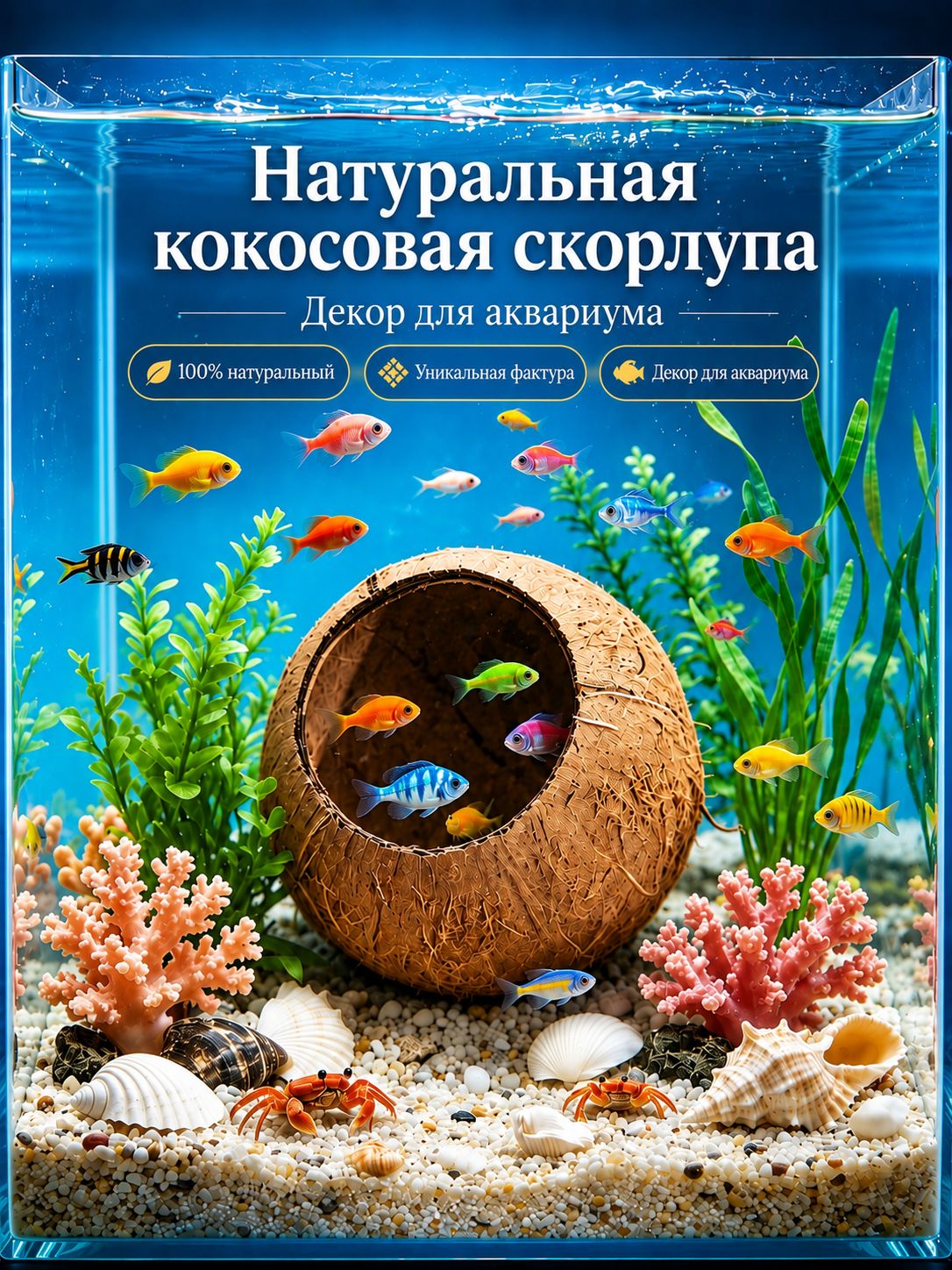 Натуральная кокосовая скорлупа для декора, укрытия и оформления аквариума, террариума и интерьера