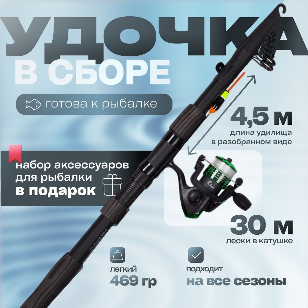 Удочка для рыбалки в сборе / YELLOW CROCODILE / 450 см, удилище телескопическое