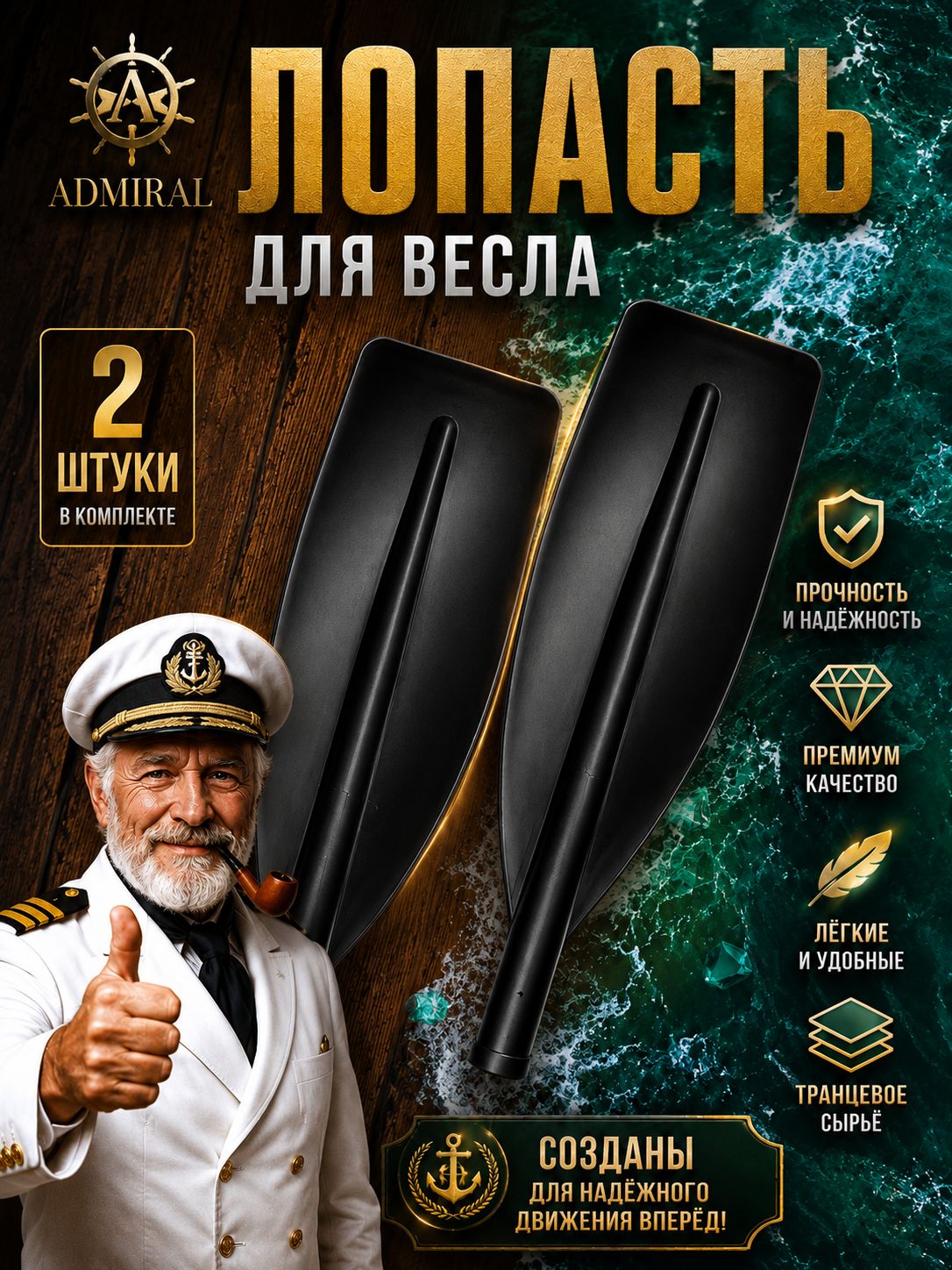 Лопасть для весла широкая Адмирал ШхД 185х490мм 2шт 32мм для надувной лодки ПВХ