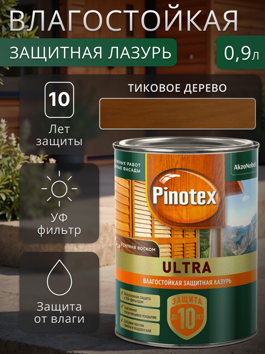 Влагостойкая пропитка-лазурь Pinotex Ultra для дерева тик 0.9 л