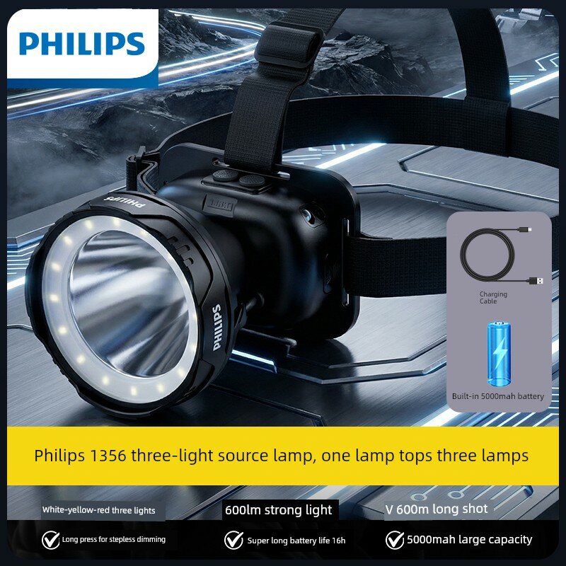 Фонарь на голову Philips LED для походов и рыбалки, 3 источника света, индукция, аккумулятор 5000mAh