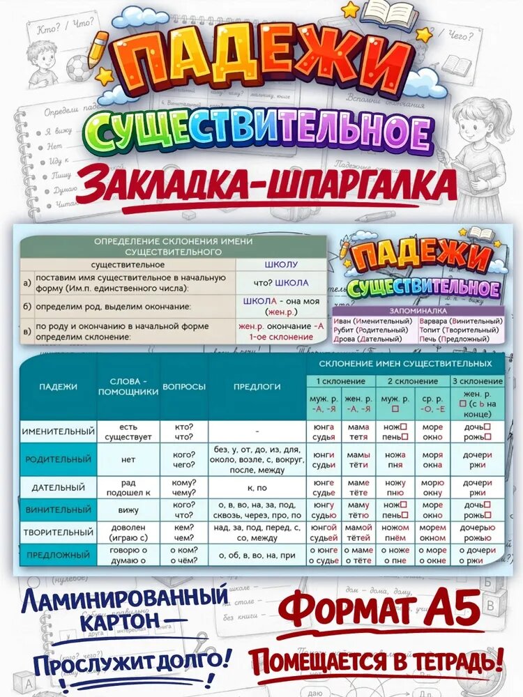 Закладка-шпаргалка "Падежи. Существительное"