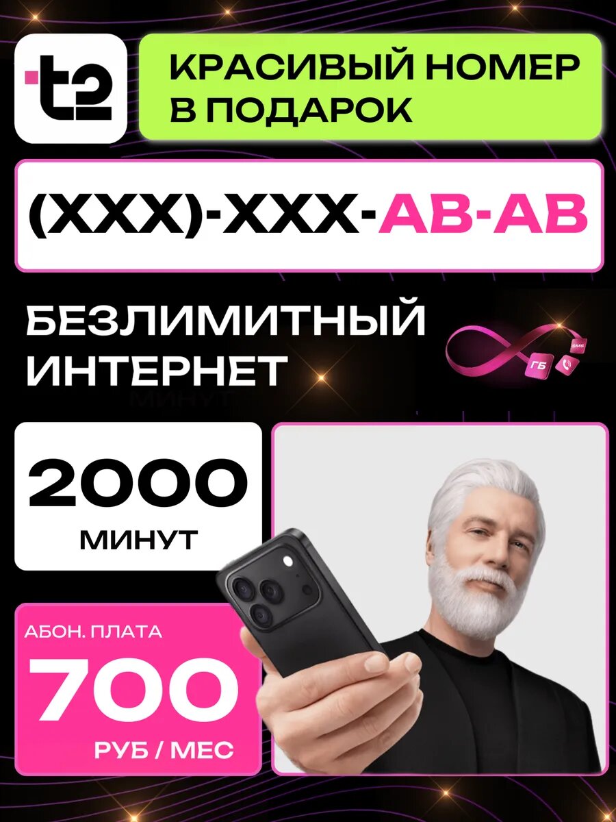 Сим карта. Красивый номер Теле2. Безлимитный интернет, 2000 минут.