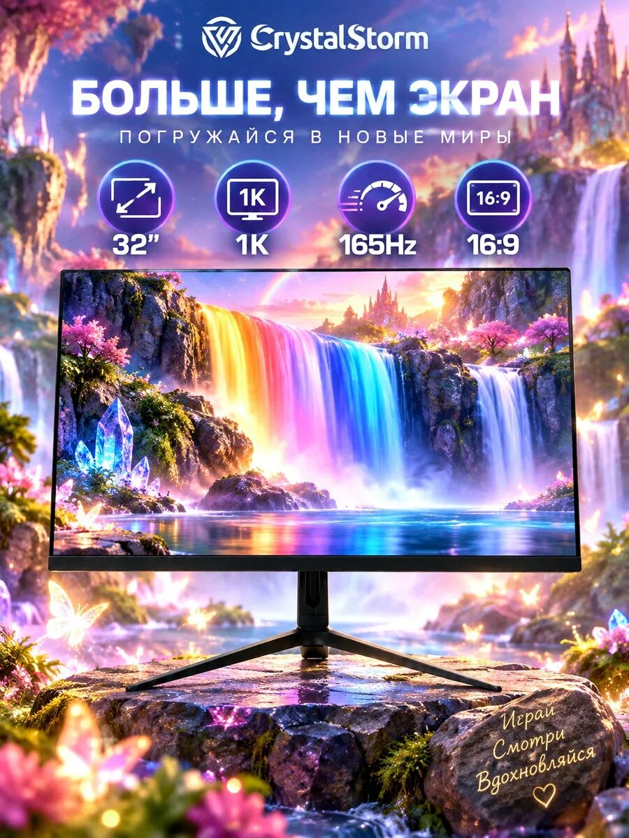 Монитор CrystalStorm, диагональ 32", 1920 x 1080 пикселей, 165Гц, матовый, чёрный
