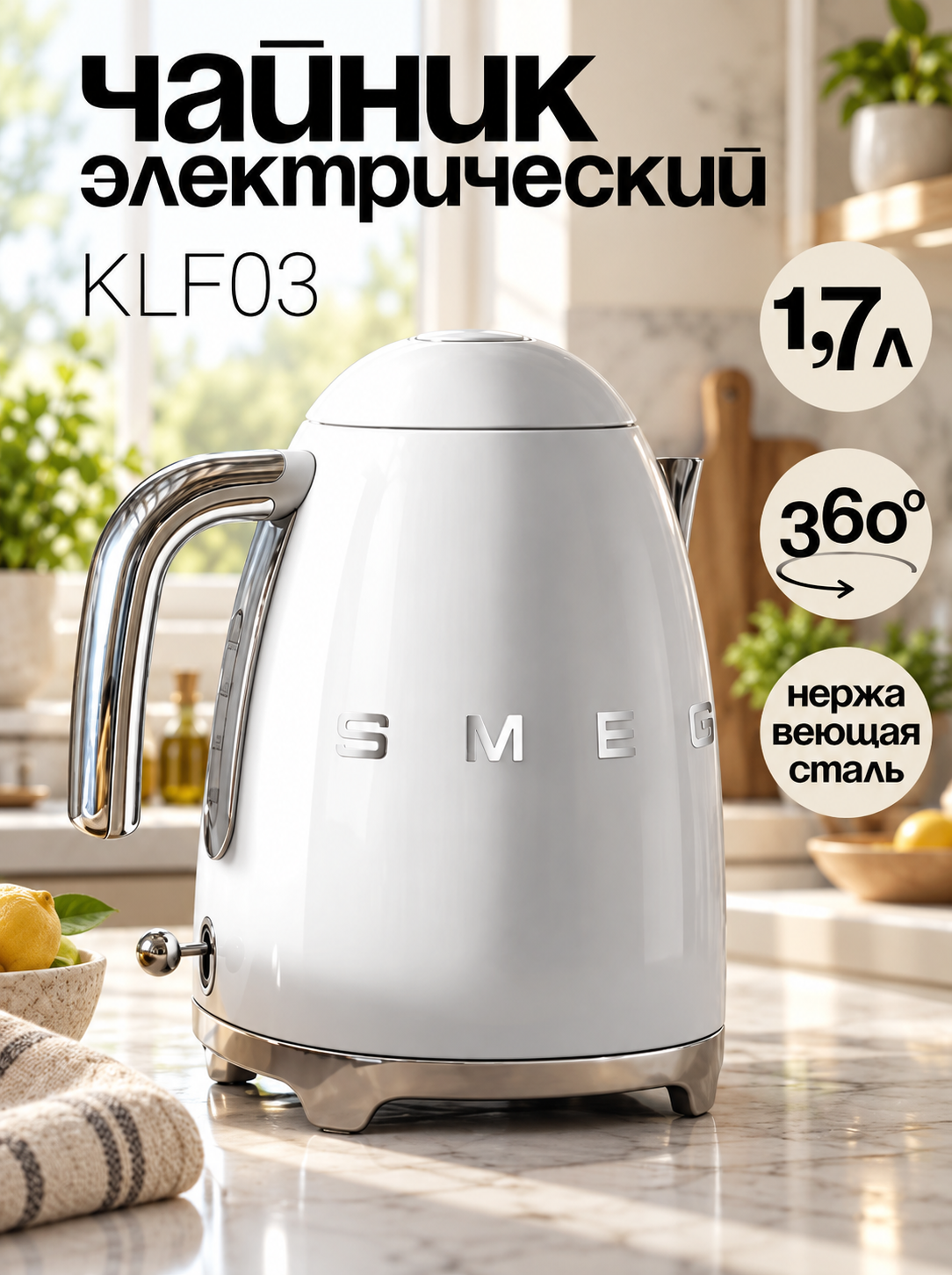 Электрическиq чайник SMEG KLF03WHEU 1,7л, Чайник, нержавеющая сталь, Голубой, 1,7л, мощность 2400Вт, белый