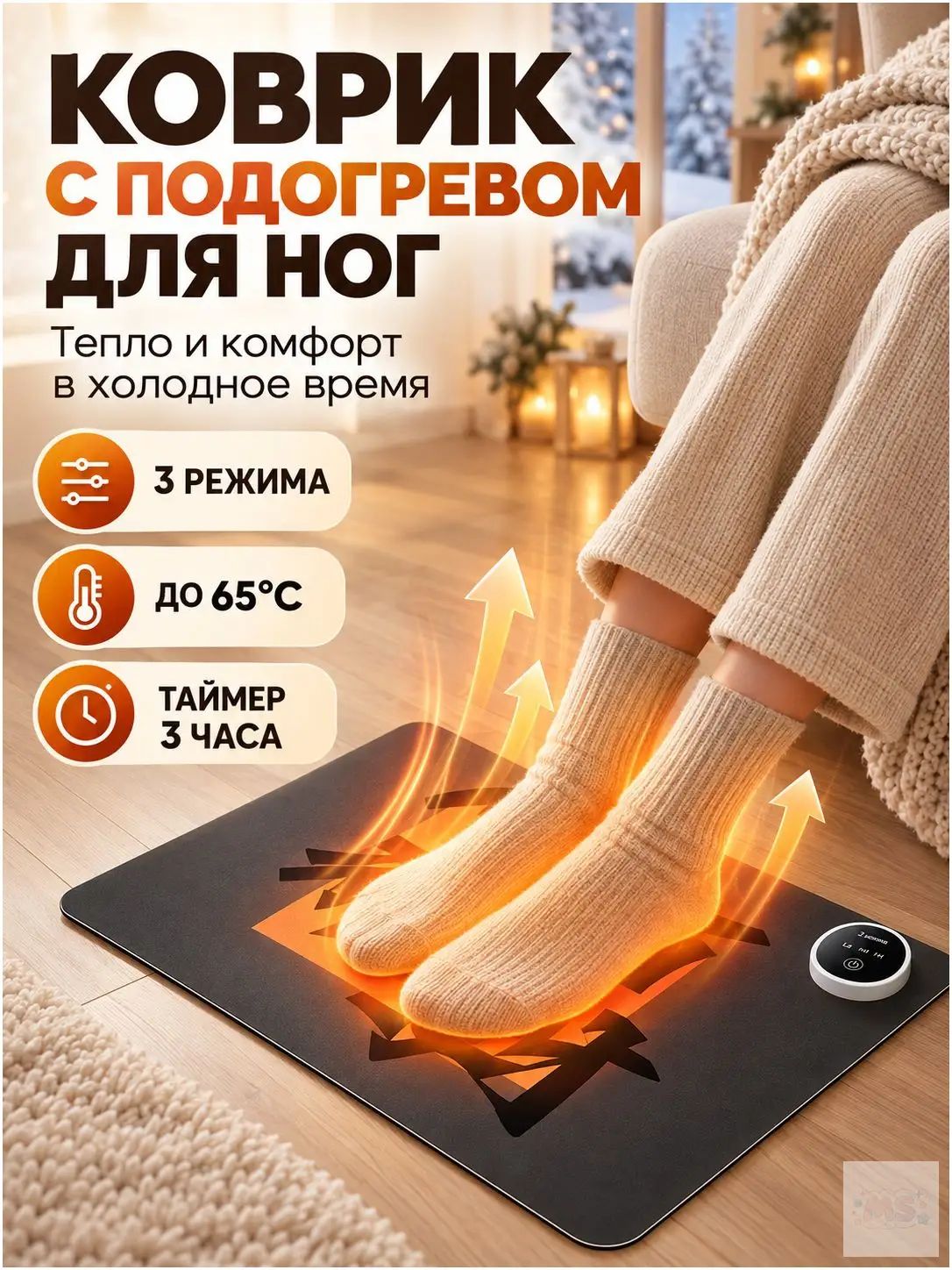 Коврик с подогревом для ног электрический, греющий термоковрик 30 50 см, 3 режима нагрева до 65 C, таймер 3 часа, для дома и офиса