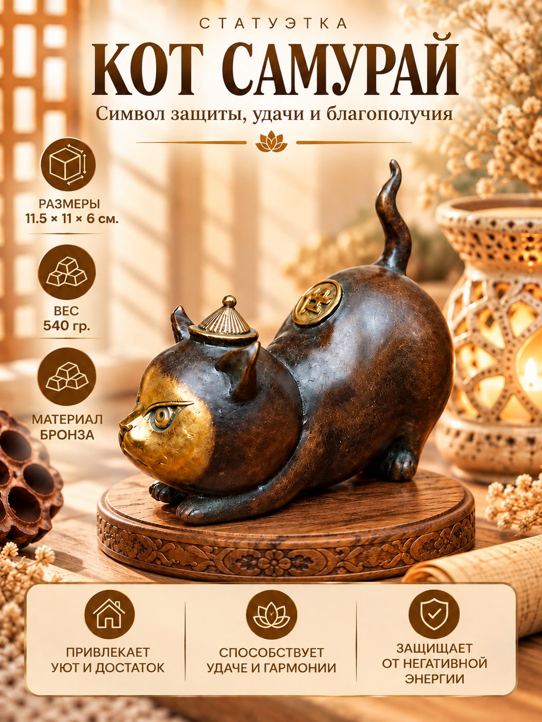Статуэтка "Кот самурай" Фен-Шуй, бронза (11.5*11*6 см.)