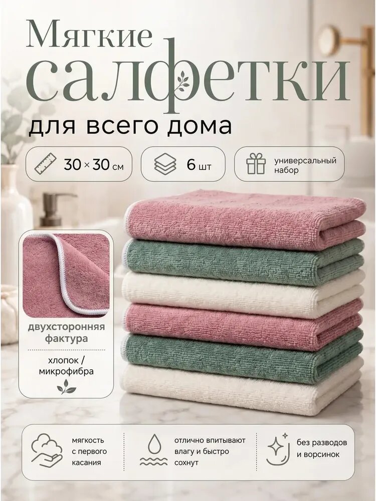 Салфетки для уборки, тряпки хлопок и микрофибра универсальные 30х30см - 6 шт