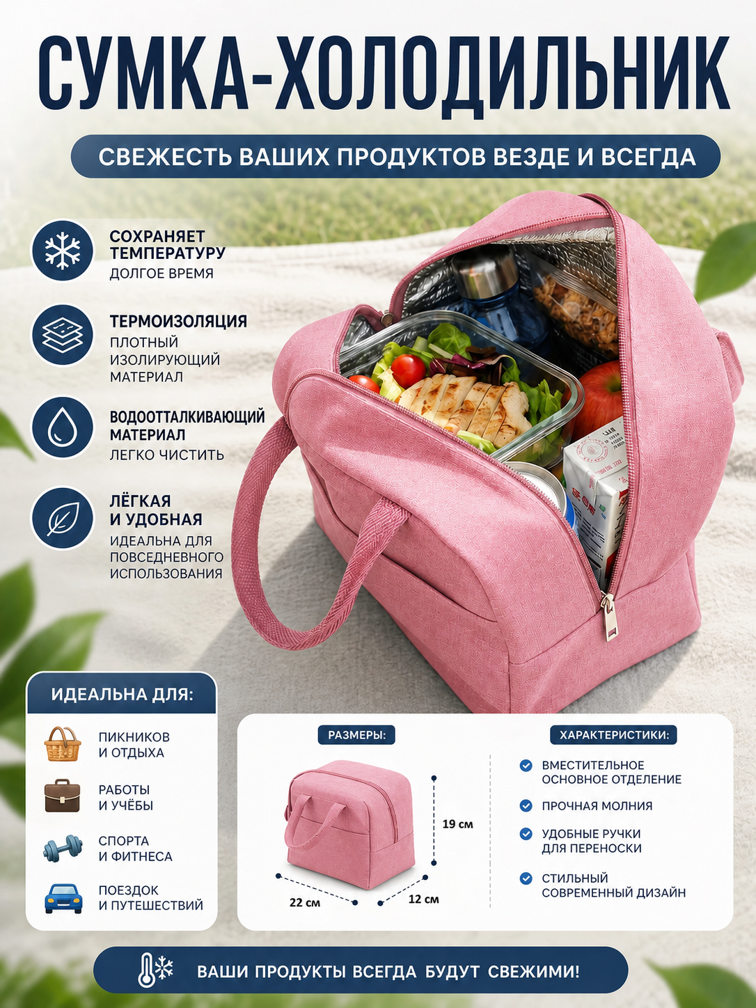 Уценка. Дорожная термосумка холодильник розовая, сумка ланч-бокс для еды, обеда, ланча, перекуса.