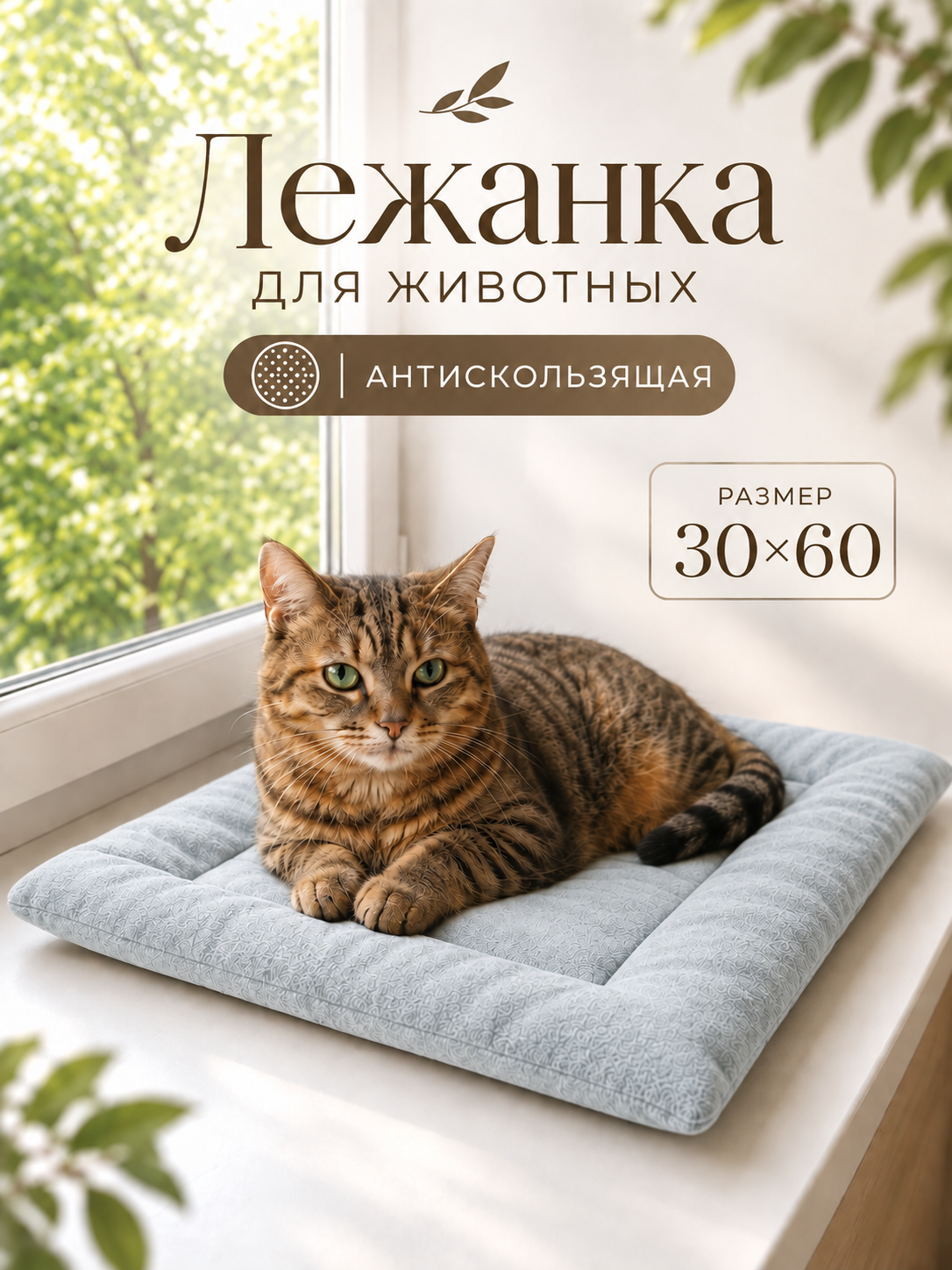 Лежанка для кошек и собак 30х60 см, на подоконник, антискользящая