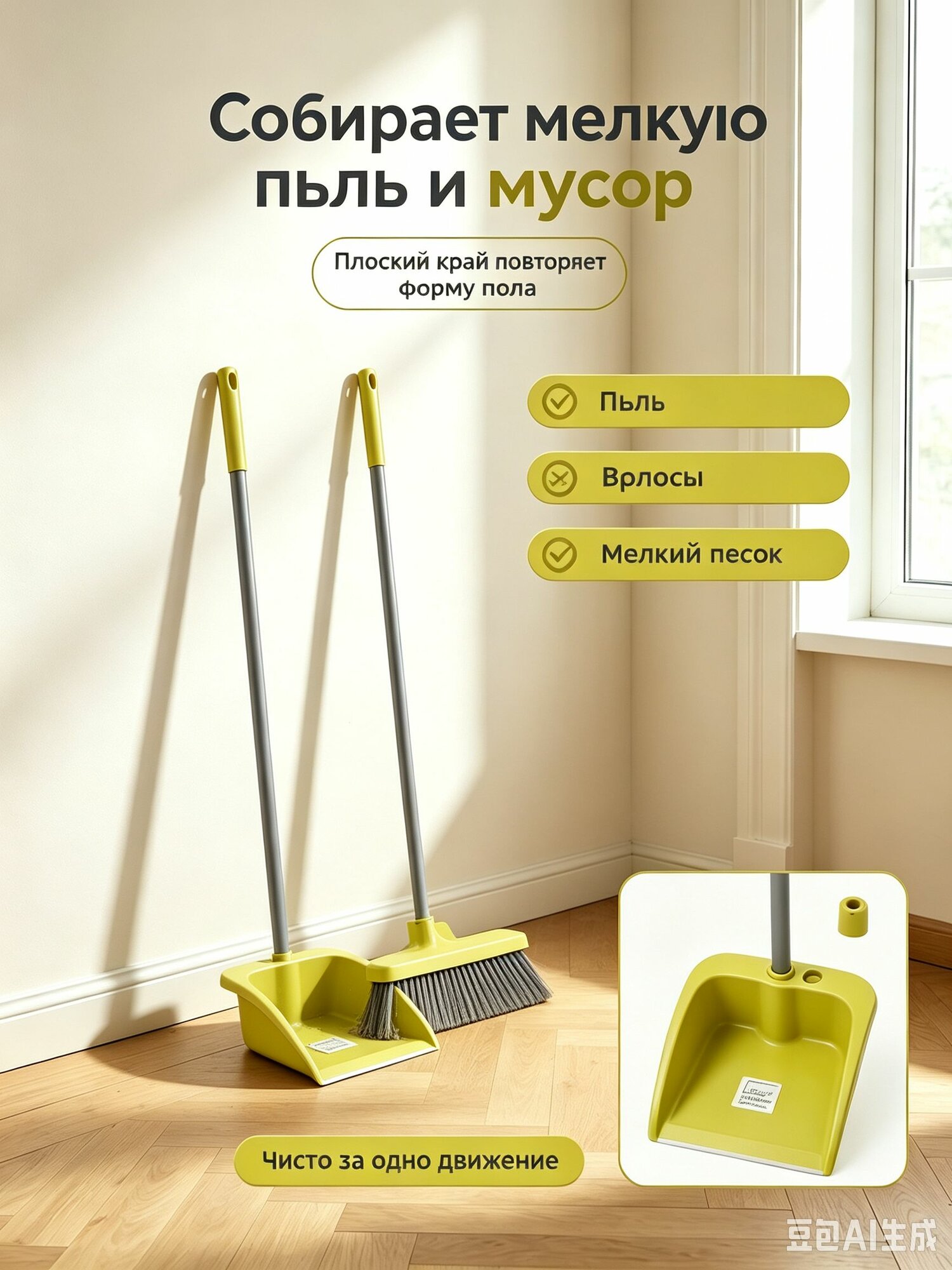 Совок для мусора с длинной ручкой 74 см, пластиковый совок из ПП, плотно прилегает к полу, для уборки дома